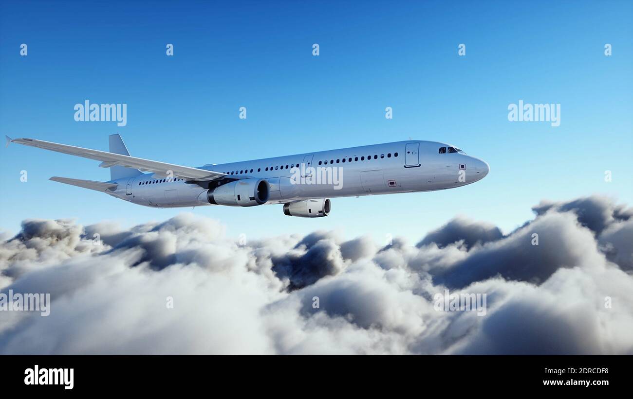Passenger airbus flying in clouds. Plane. 3d rendering Stock Photo - Alamy