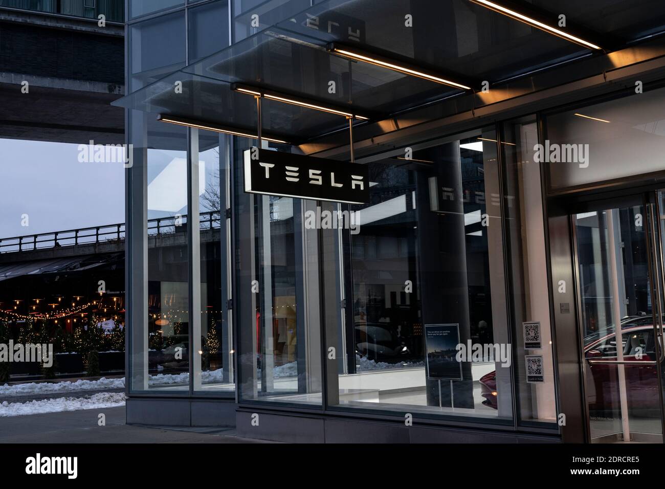 New York, NY - December 20, 2020: View of Tesla company logo at the ...