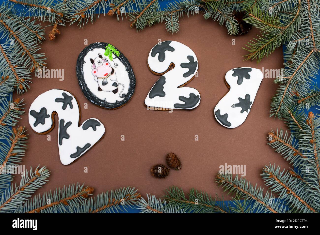 2021 Gingerbread Cow or bull. New year's Top view. Year of the bull ...