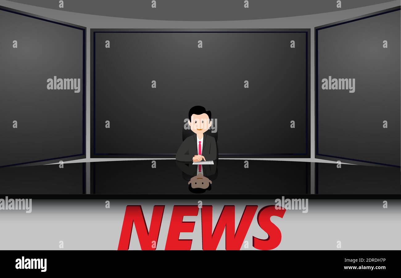 broadcaster on the glass table and lcd background in the news studio ...