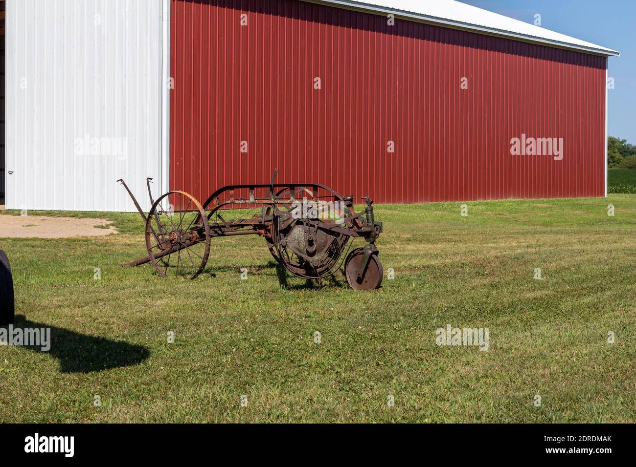 Antique tractor drawn windrower farm implement, used for harvesting ...