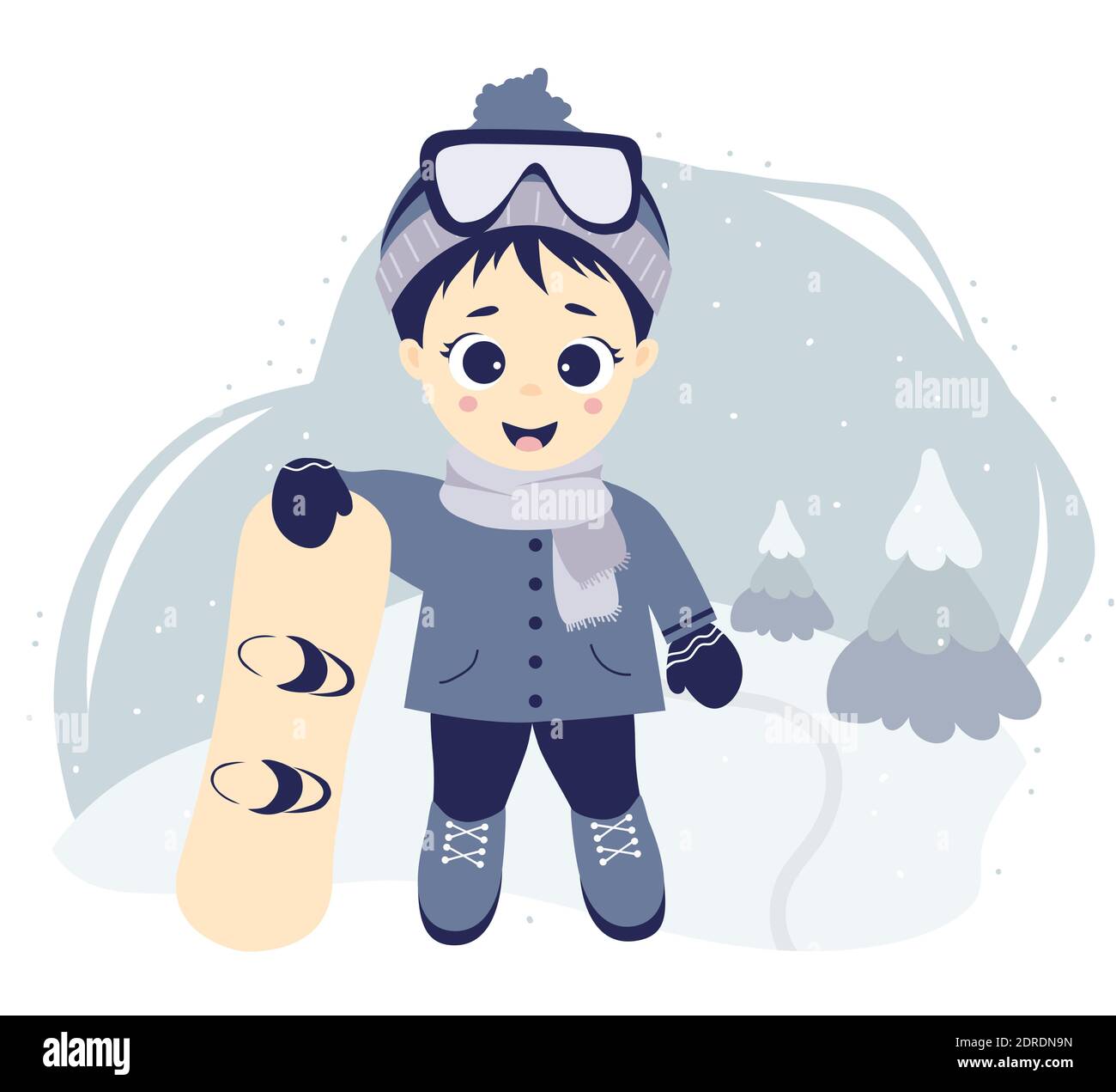 Kids winter. Boy athlete with a snowboard on a background with a winter ...