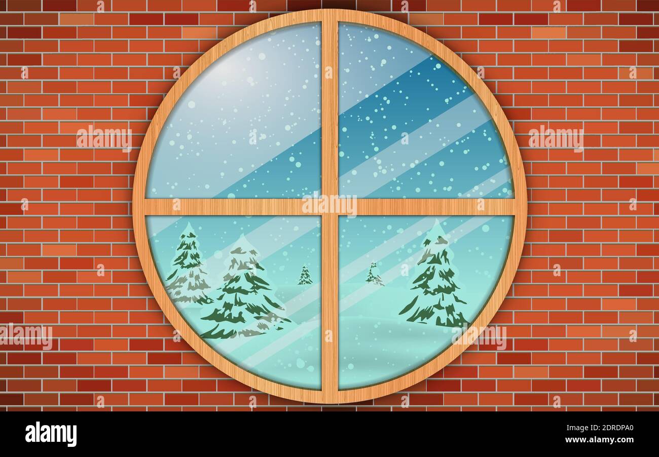 landscape of snow forest at the wooden circle window in the house Stock ...