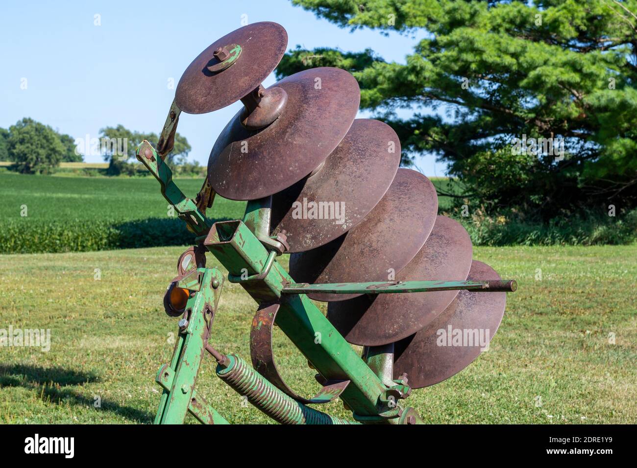 Close up abstract view of a vintage tractor drawn disc harrow ...