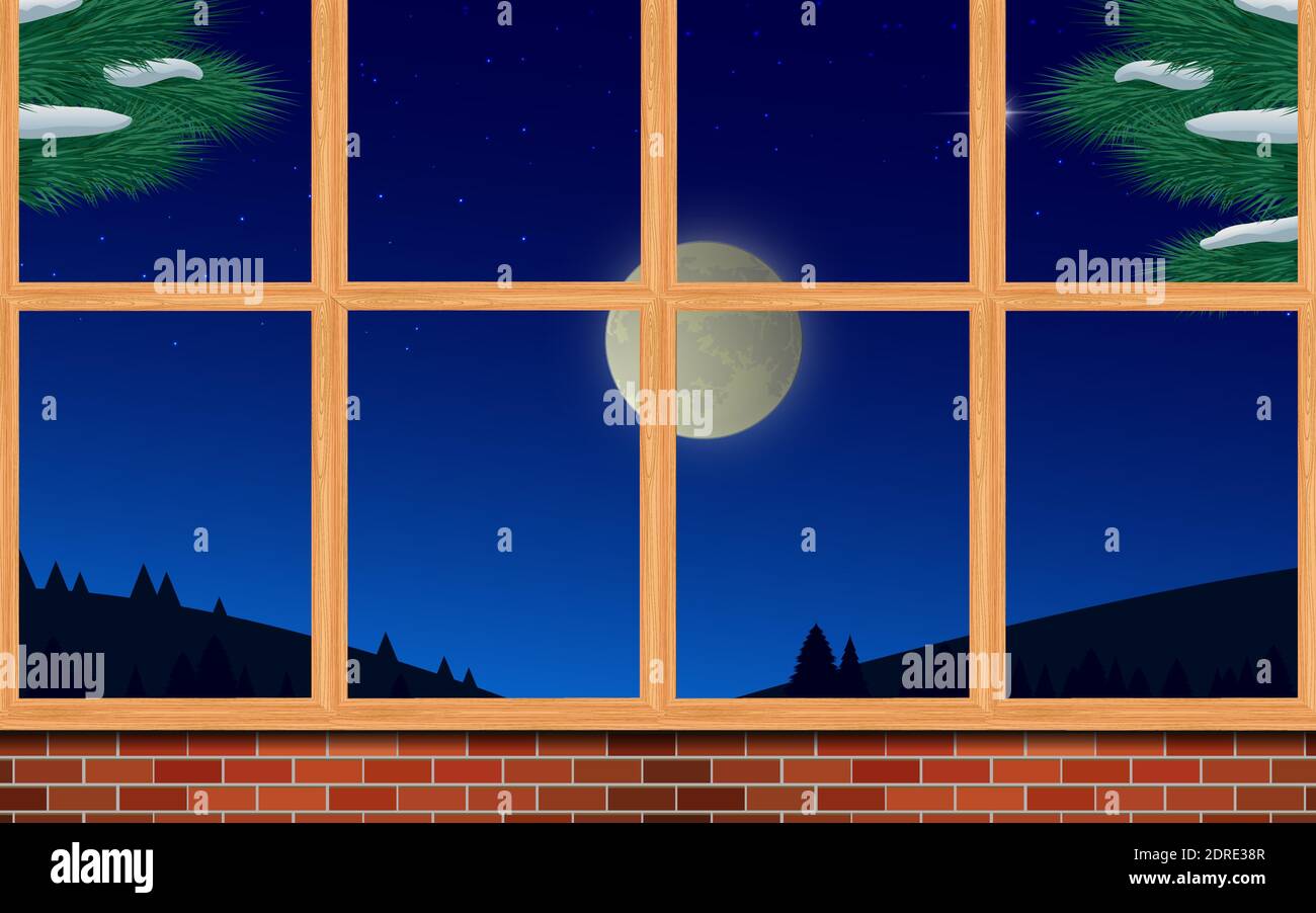 landscape of the mountain at windows in the full moon night in winter ...