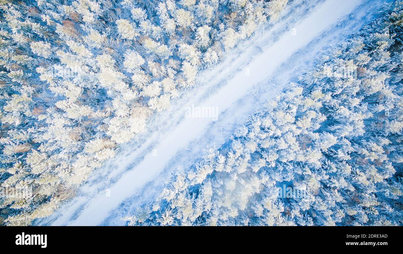 Aerial View Of Snow Covered Road Amidst Trees In Forest Stock Photo - Alamy