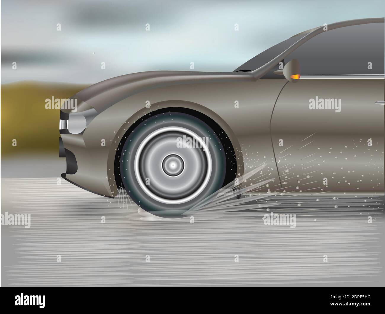 Vector illustration of aquaplaning by tires of a car on wet road Stock ...