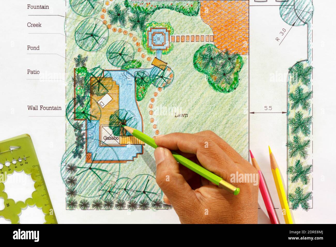 Landscape Architect design water garden plans for backyard Stock Photo ...