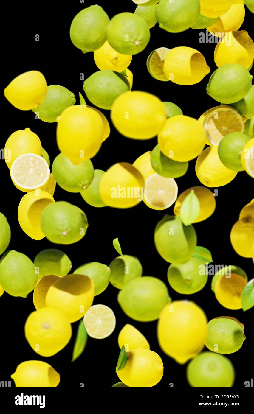 Falling lemons on black vertical background. 3D artwork Stock Photo - Alamy
