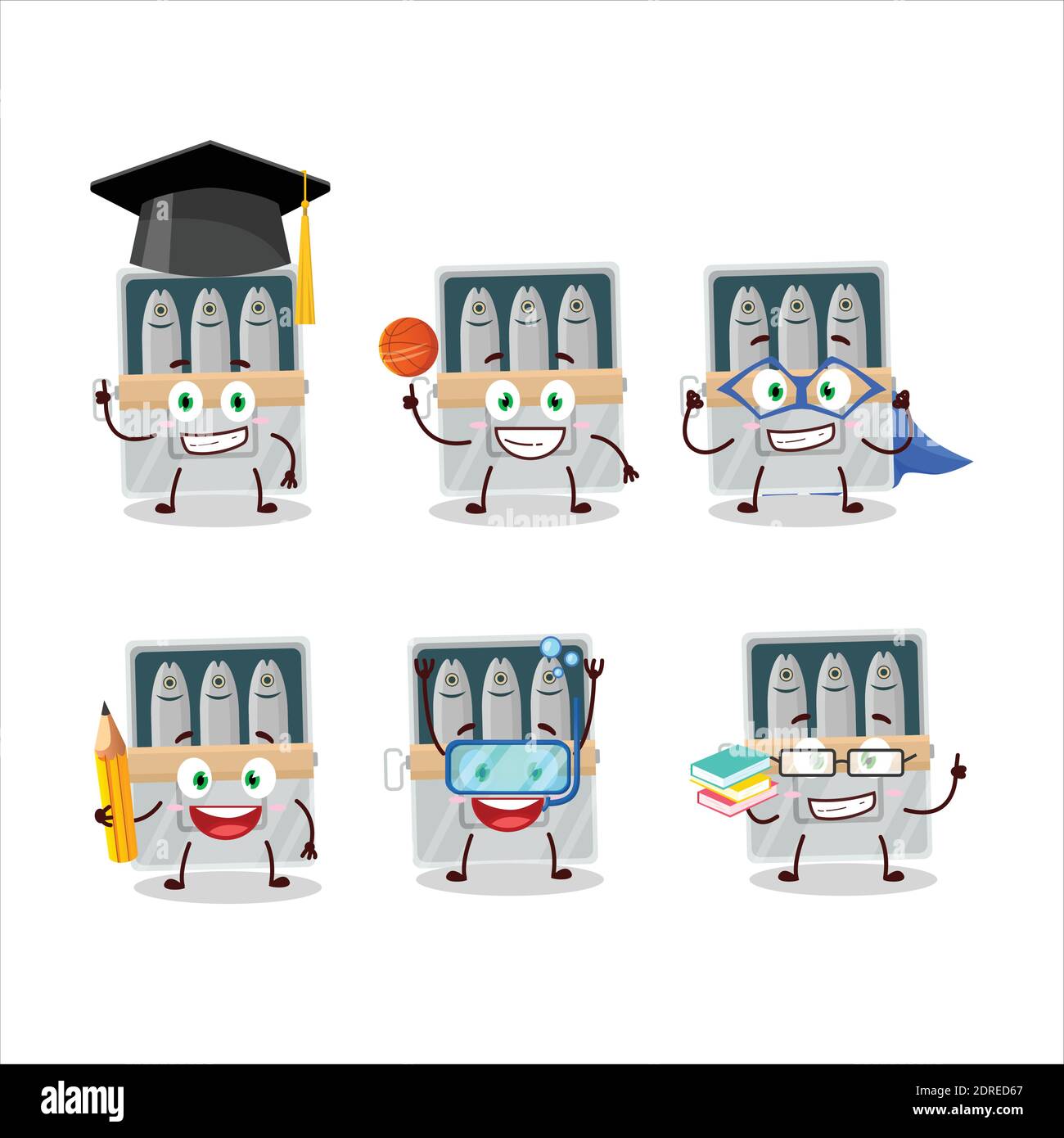 School student of box of sardines cartoon character with various ...