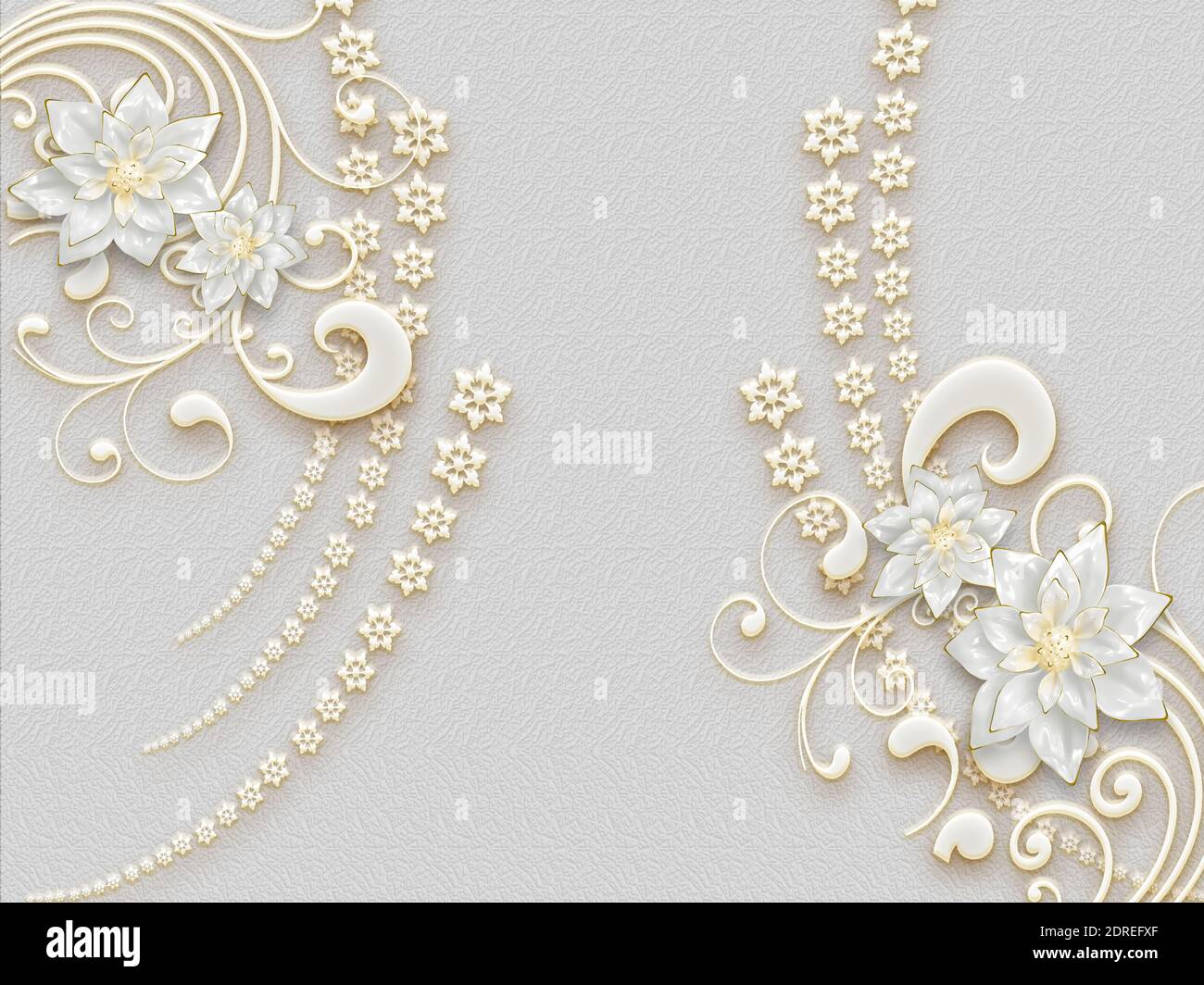 3D illustration, gray textural background, white buds of ornamental ...