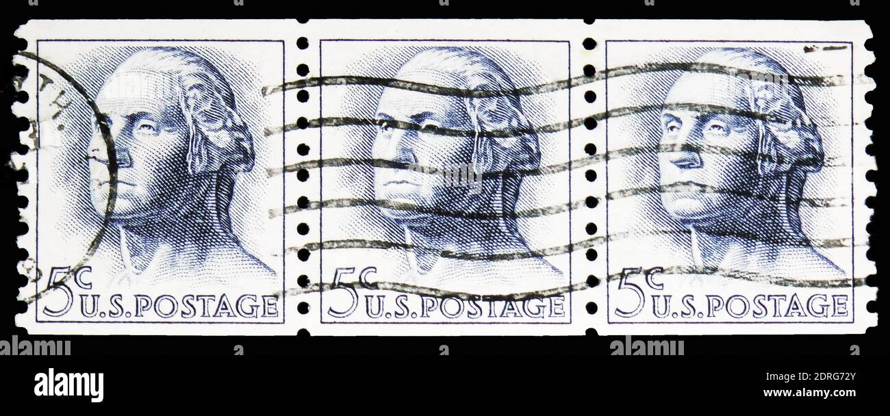 MOSCOW, RUSSIA - FEBRUARY 10, 2019: Three postage stamps printed in ...