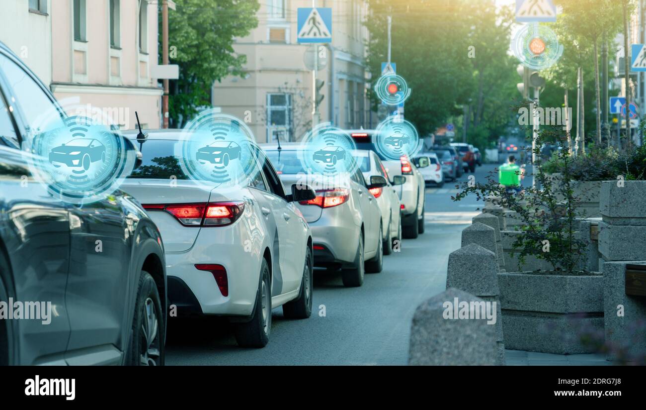 Vehicle to vehicle communication. Data exchange between cars Stock ...