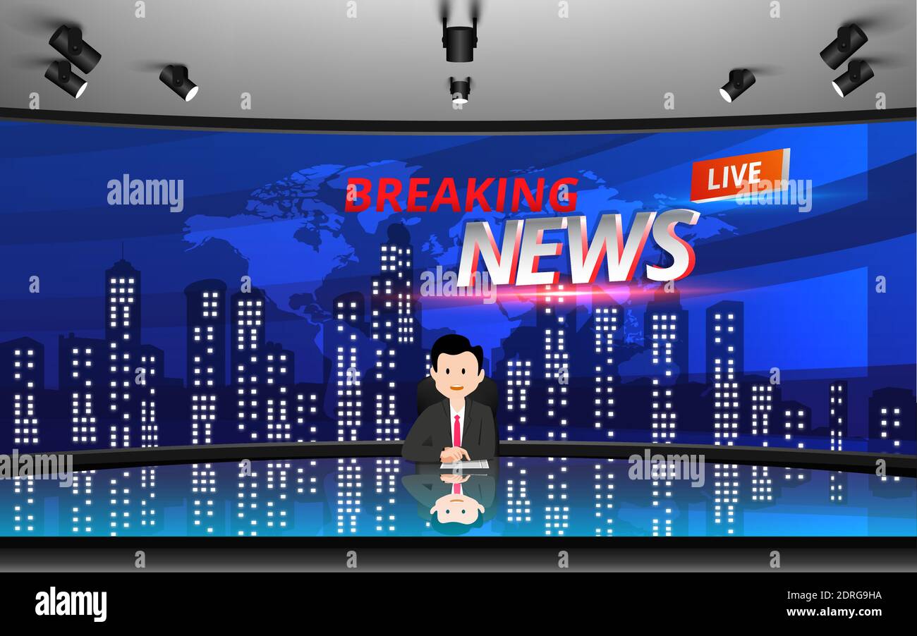 glass table and chairs with breaking news live on lcds background in ...