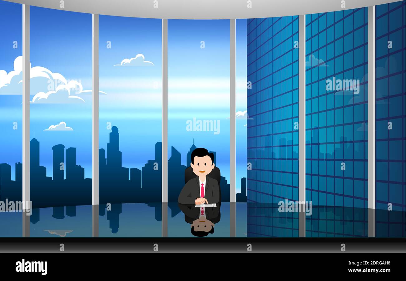 glass table in the news studio with city background in the day time ...