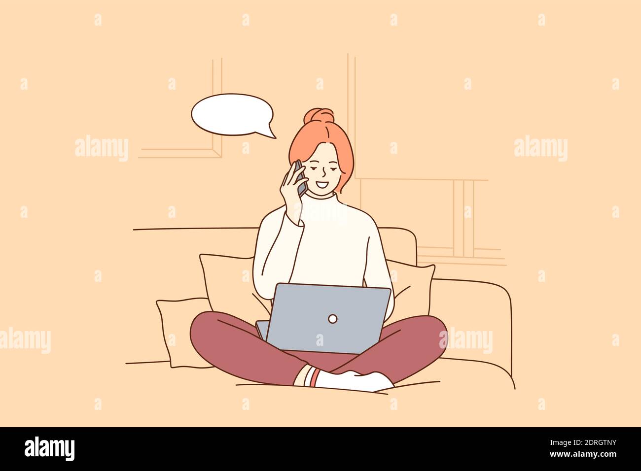 Freelance, online working, distant job concept. Positive girl cartoon ...
