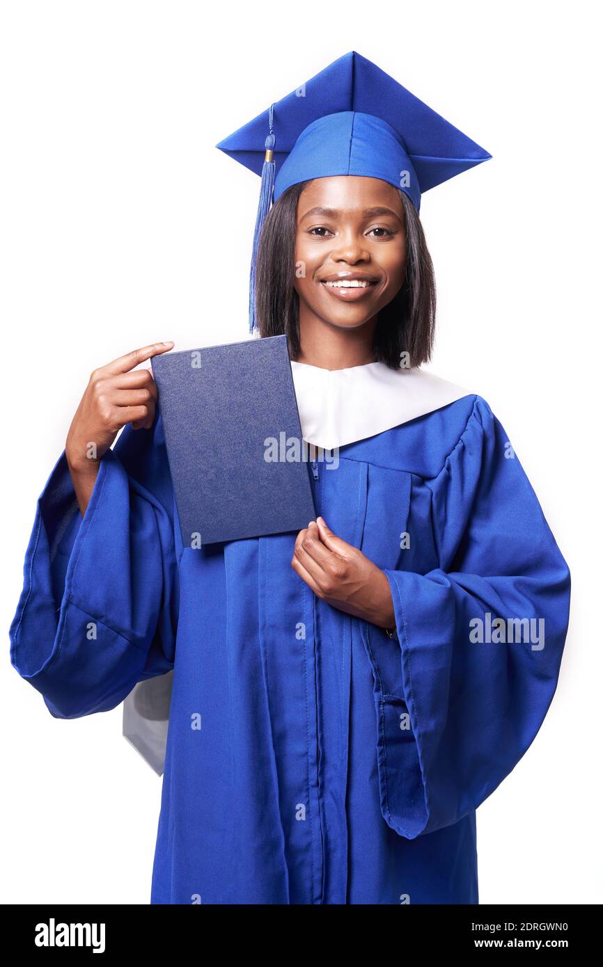 African-American beautiful woman in a blue robe and hat, on a white ...