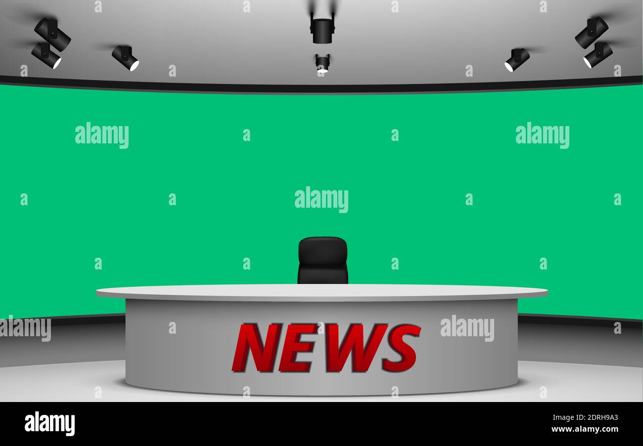 white table and chair in news studio room with the green background ...