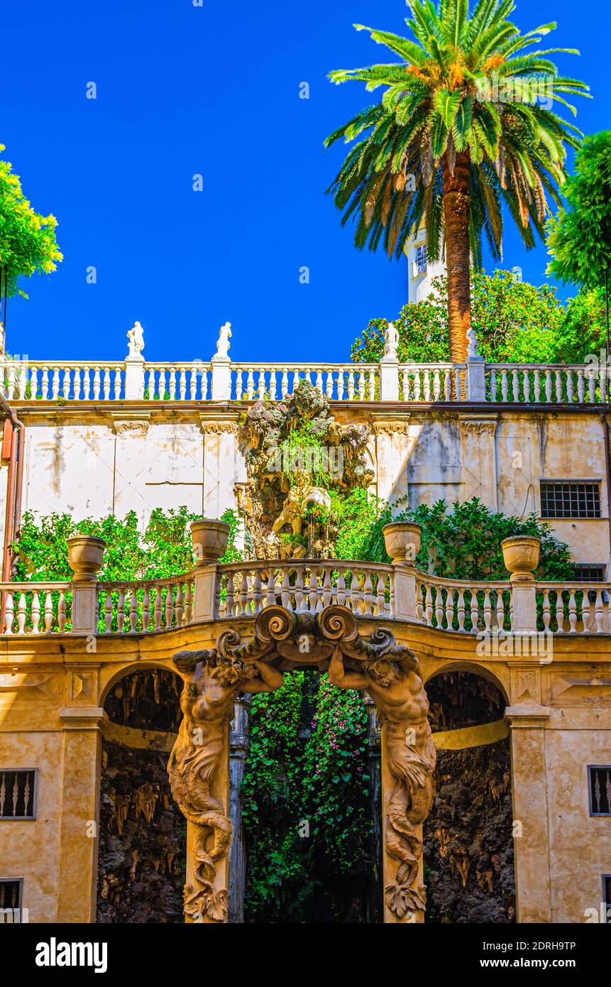 Balustrade with green plants and palm tree of Palazzo Doria Tursi ...