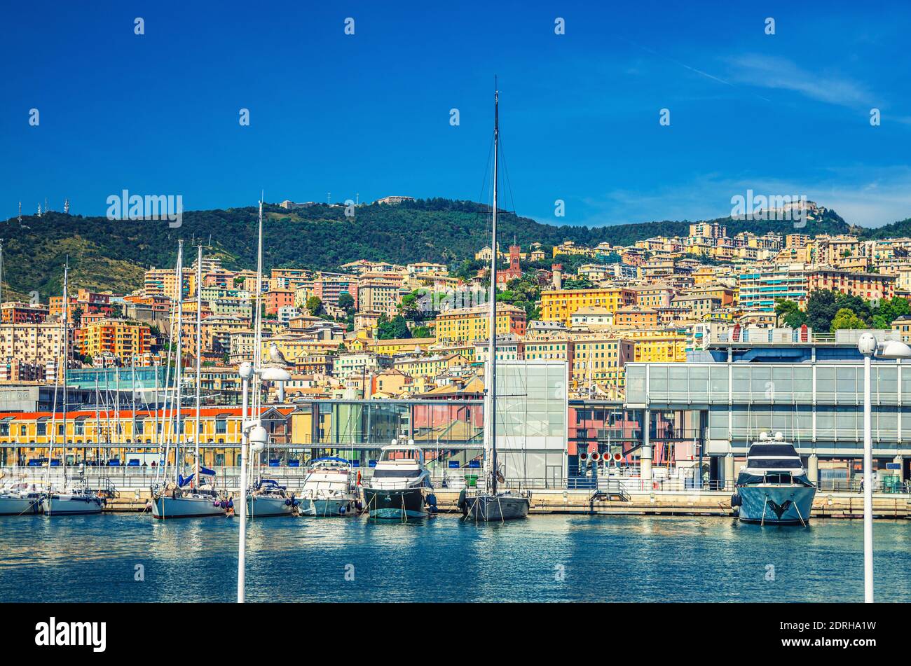 Port Porto Antico harbor with luxury white yachts in historical centre ...