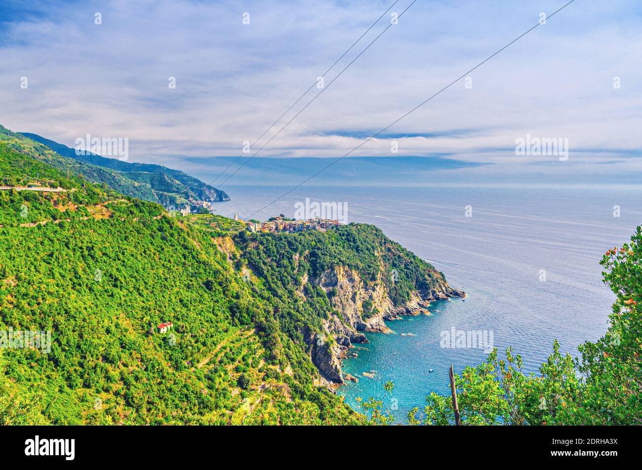 Aerial panoramic view of Corniglia typical Italian village with ...