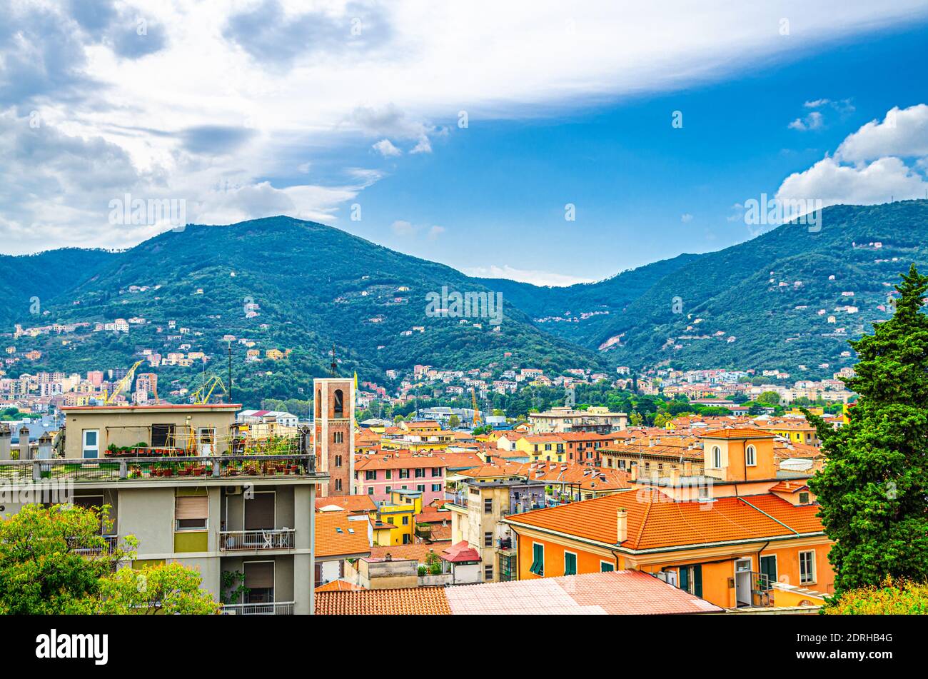 Aerial panoramic view of La Spezia city historical centre and mountain ...