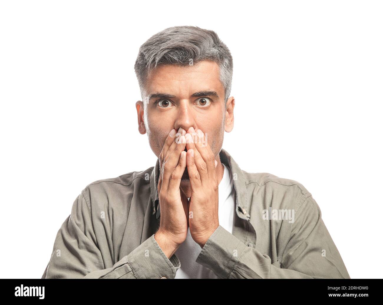 Stressed man with graying hair on white background Stock Photo - Alamy