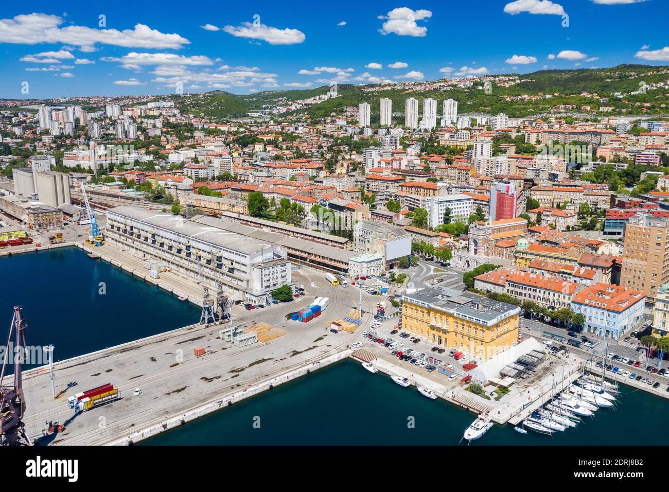 Croatia, city of Rijeka, aerial view of city center, marina and harbor ...