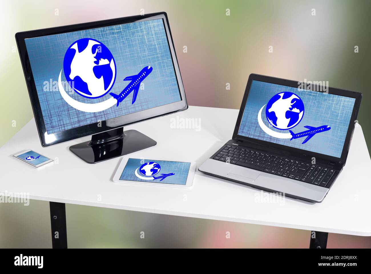 Air transport concept shown on different information technology devices ...