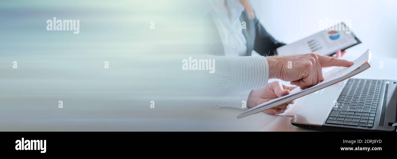 Business people showing and explaining data; panoramic banner Stock ...