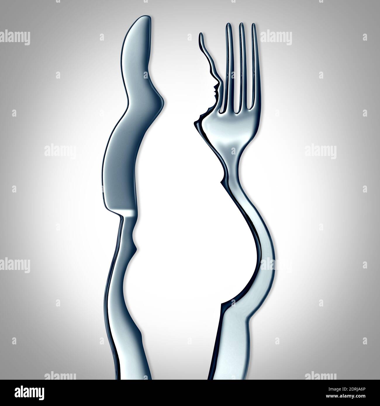 Eating too much and weight gain or obesity concept as a fork and knife ...