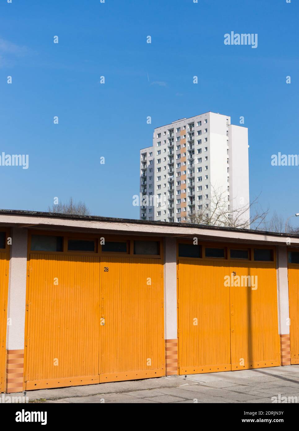 POZNAN, POLAND - Mar 11, 2018: Locked car garages with apartment ... POZNAN, POLAND - Mar 11, 2018: Locked car garages with apartment ...