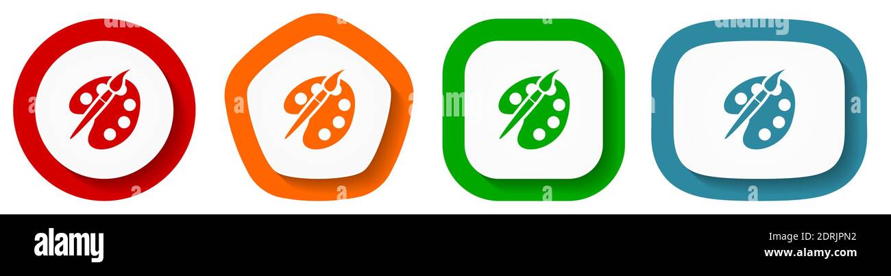 Paint brush, palette, art vector icon set, flat design buttons on white ...