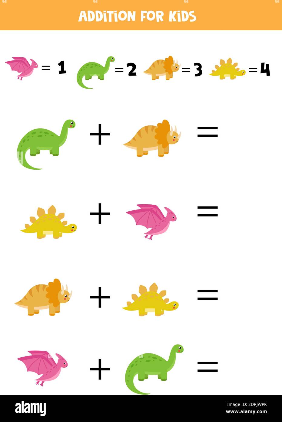 Addition with different dinosaurs. Educational math game for kids Stock ...