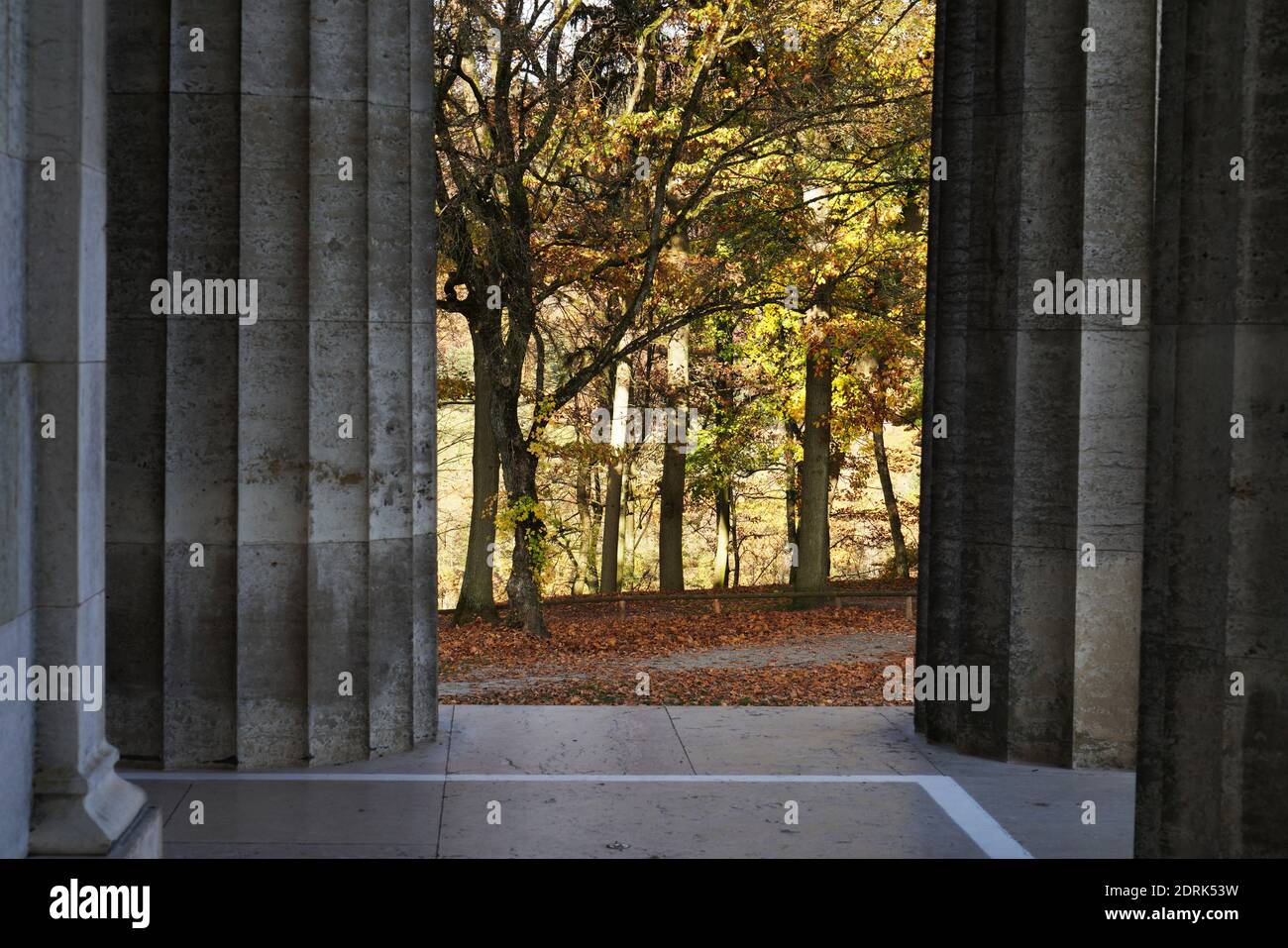 A beautiful view of a park through the exterior columns of a building ...