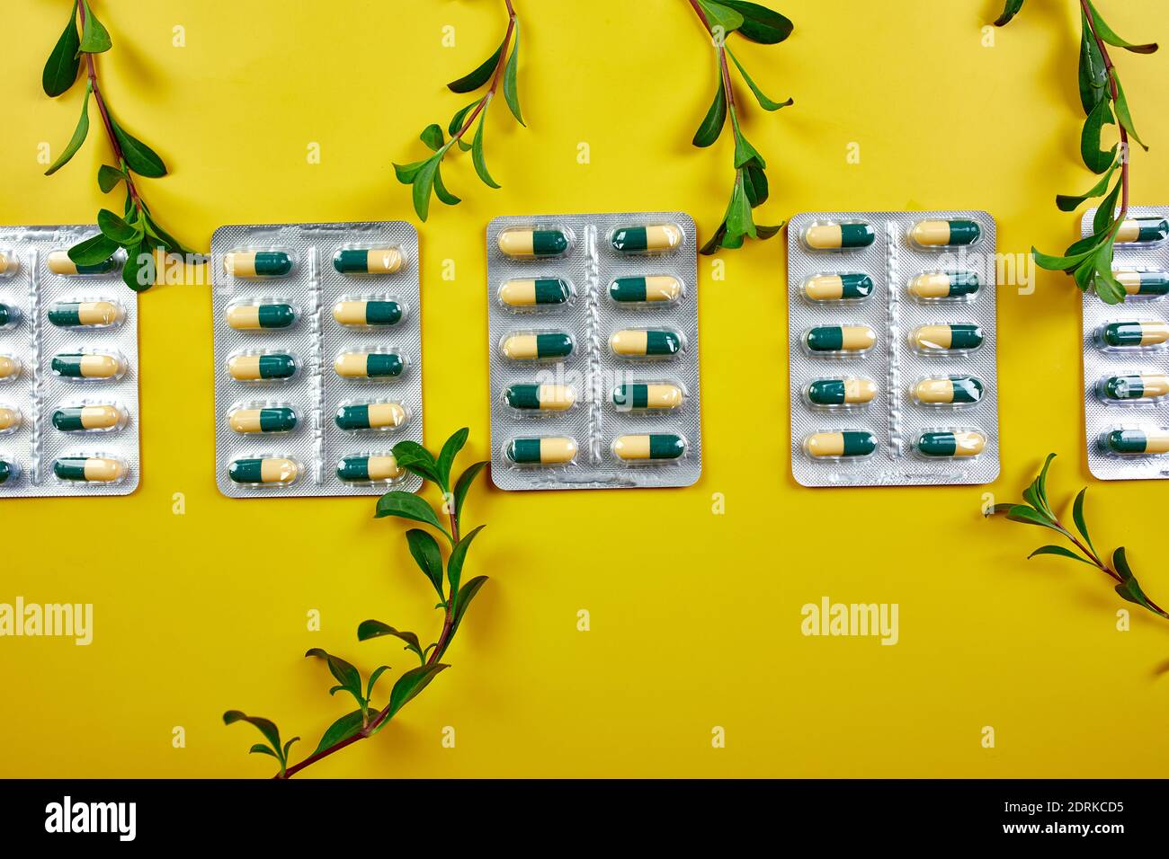 Flat lay Organic medical pills, capsules in blisters with green leaf ...