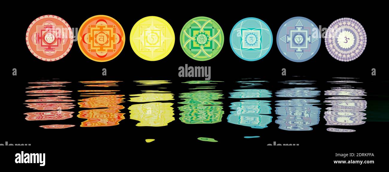 Seven chakra symbols line - 3D render Stock Photo - Alamy
