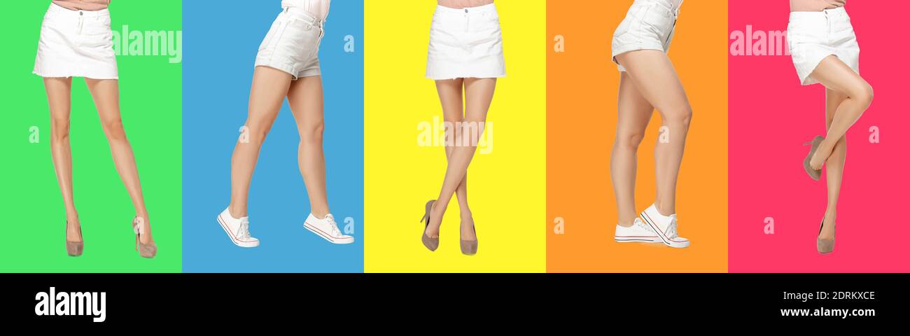 Collage of slim female legs in different footwear on vibrant colors ...