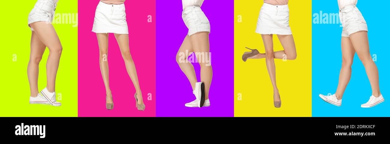 Collage of slim female legs in different footwear on vibrant colors ...