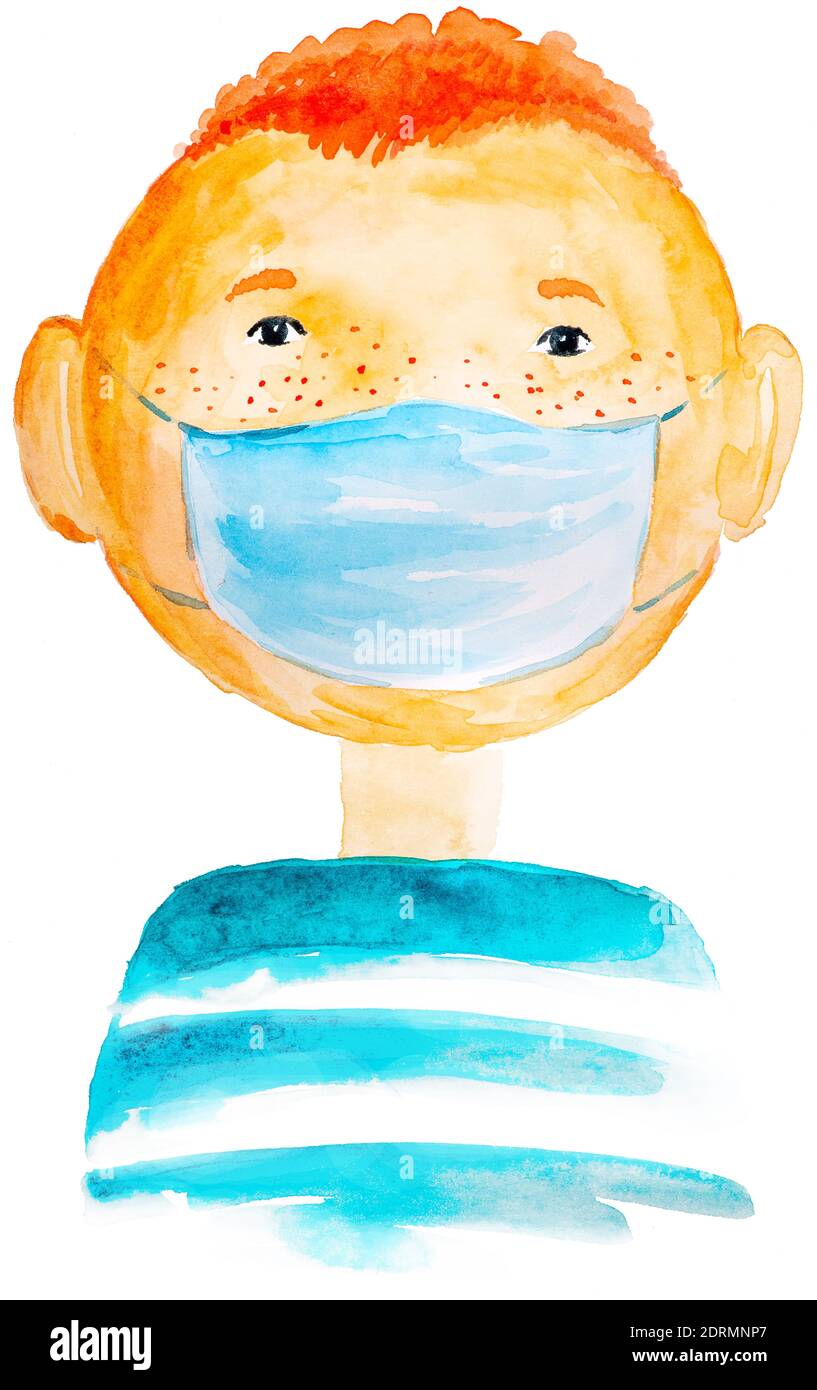 Portrait of cute red child boy in medical protective mask. Watercolor ...