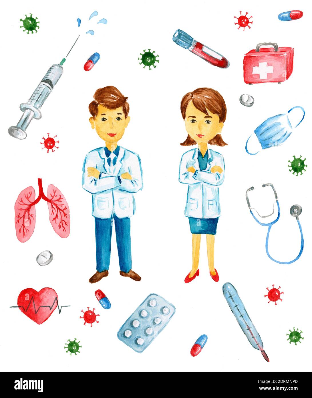 Doctors, women and man in friendly design with medical icons set ...