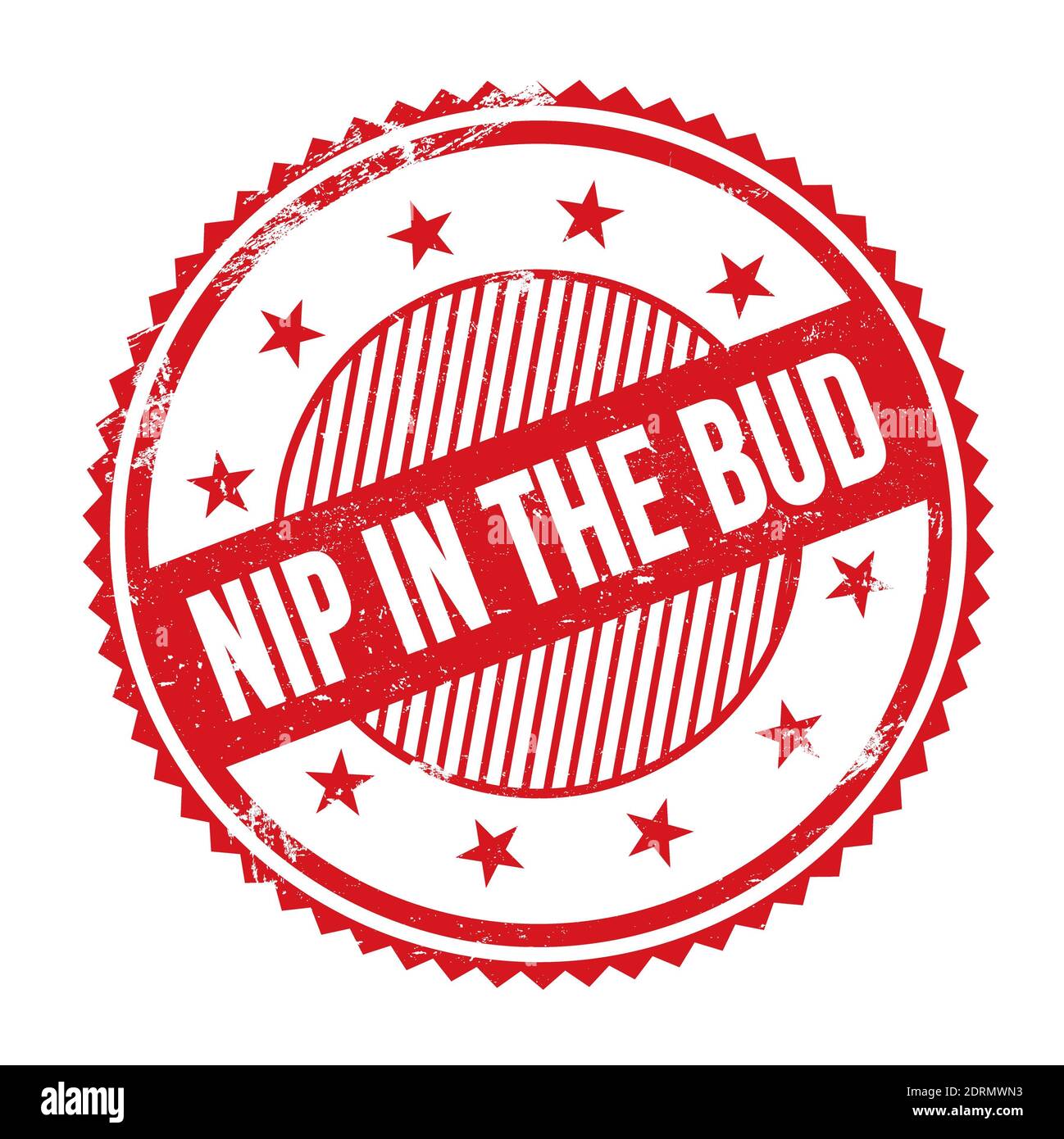 NIP IN THE BUD text written on red grungy zig zag borders round stamp ...