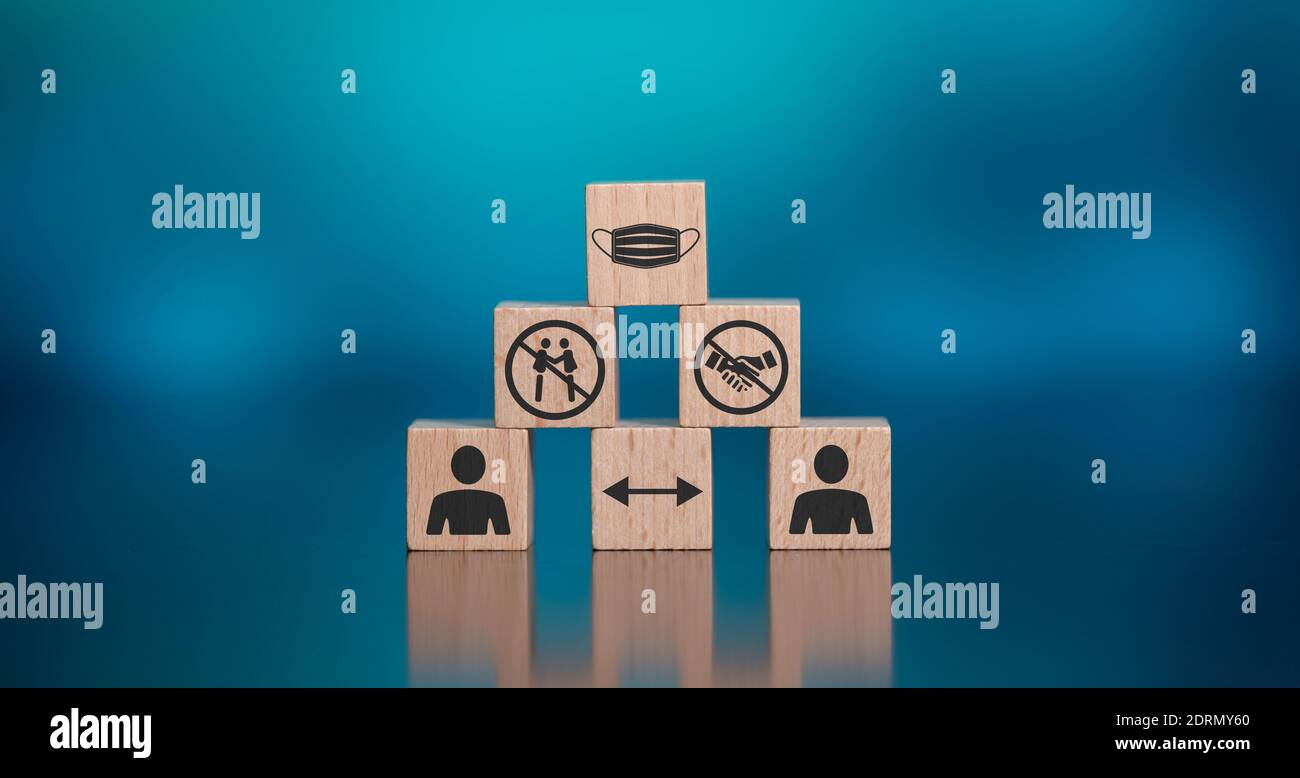 Concept of infection prevention on wooden cubes; safety advices Stock ...