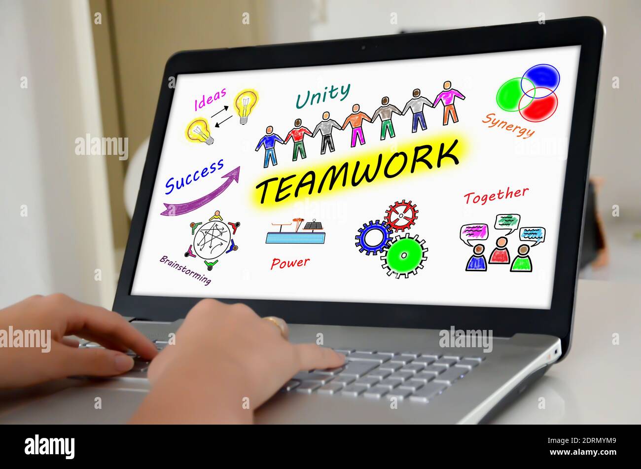 Hands on a laptop with screen showing teamwork concept Stock Photo - Alamy