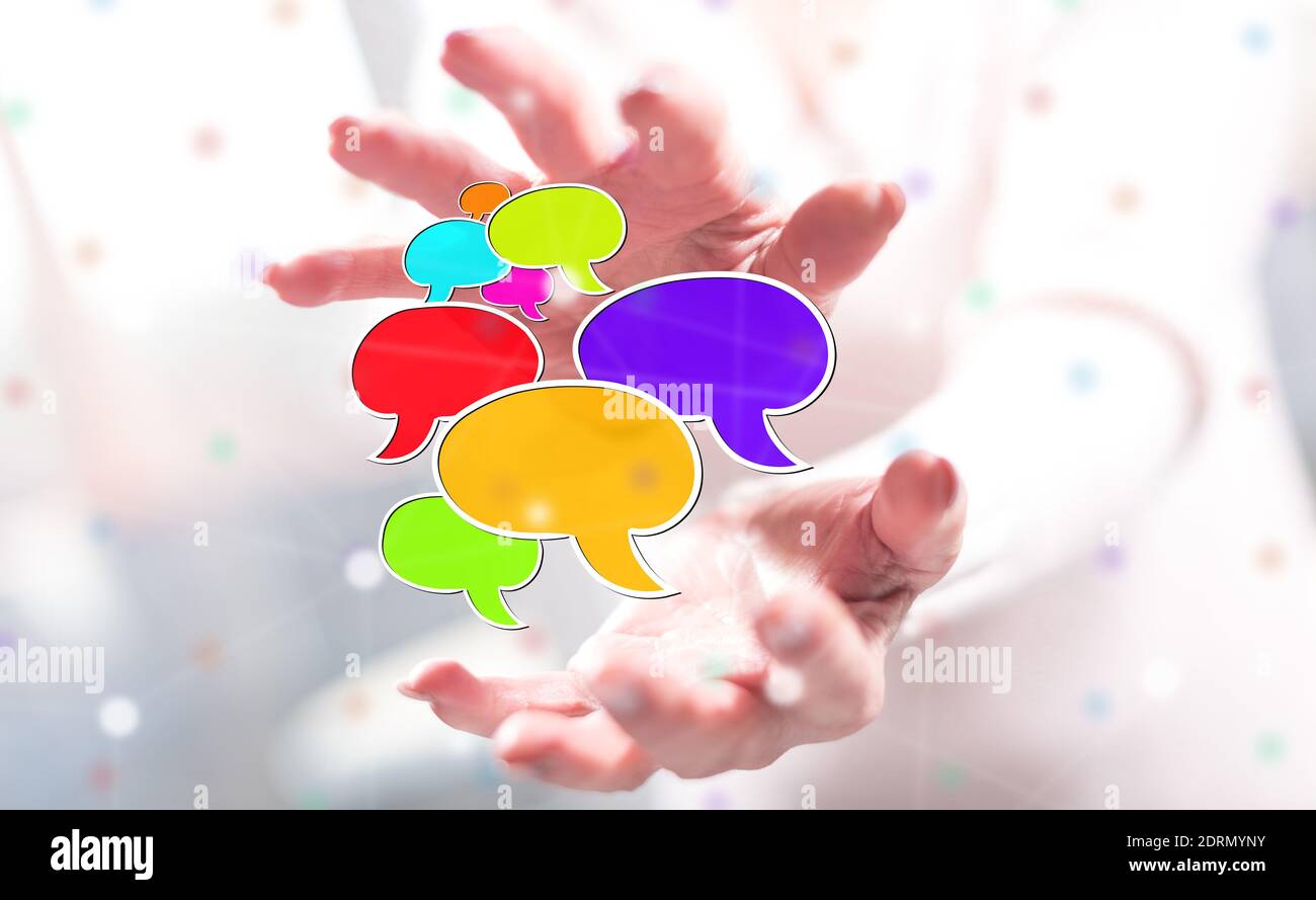 Communication concept between hands of a woman in background Stock ...