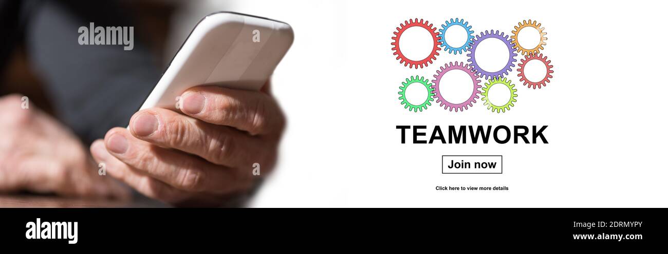 Hand holding mobil phone with teamwork concept on background Stock ...