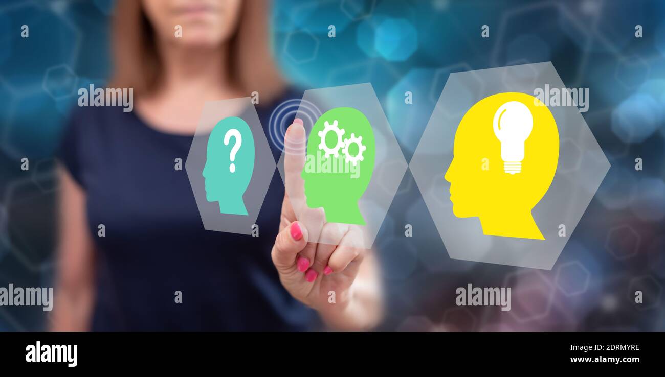 Woman touching an innovation concept on a touch screen with her finger ...