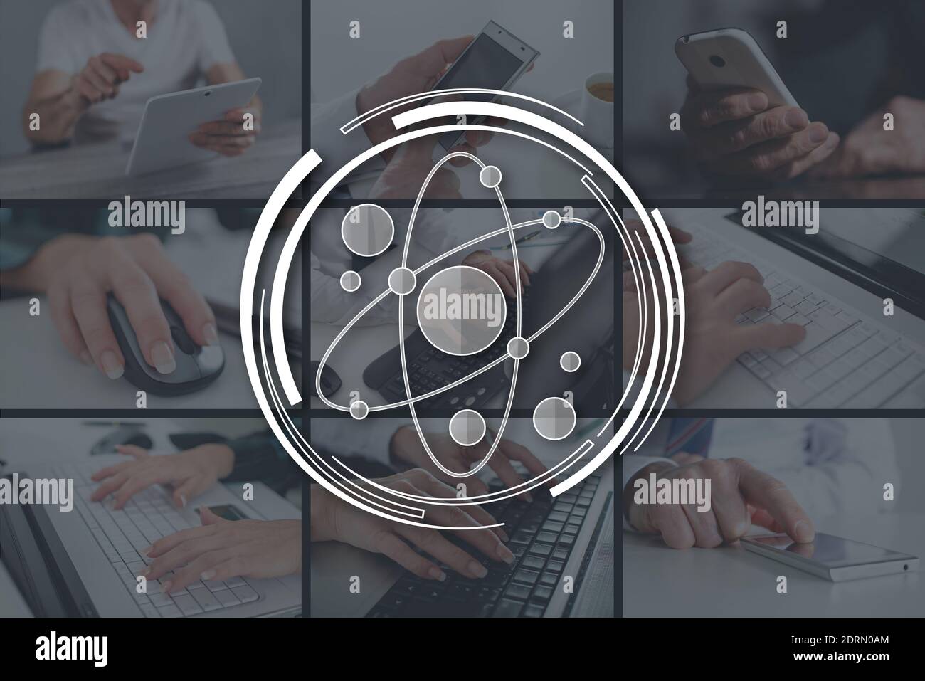 Global connection concept illustrated by pictures on background Stock ...