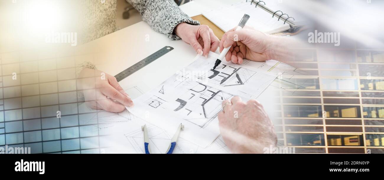 Architect showing house plans to his client; multiple exposure Stock ...