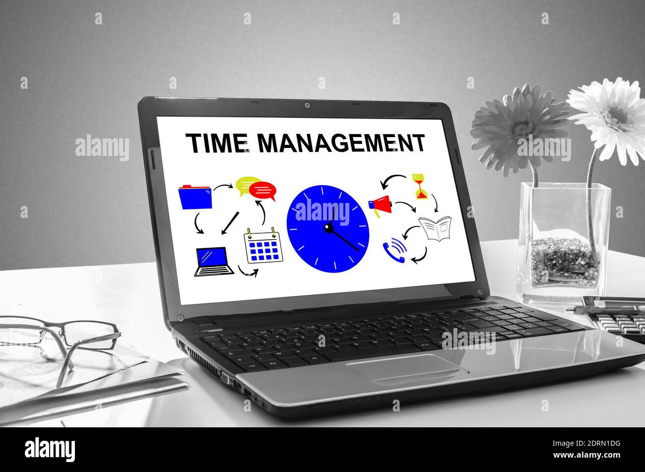 Laptop screen showing time management concept Stock Photo - Alamy